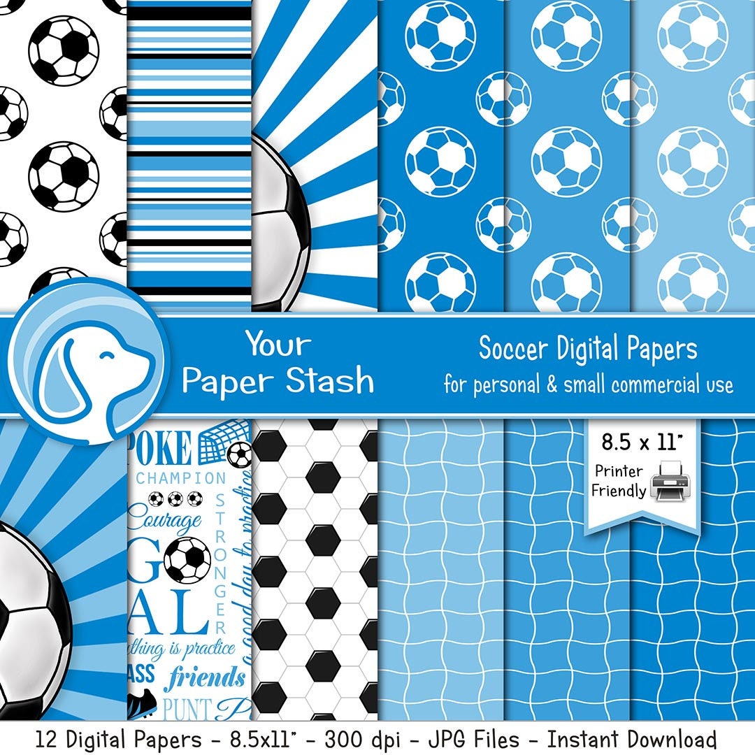 Soccer Digital Papers 8.5x11, Blue Soccer Football Scrapbook Paper Pack ...