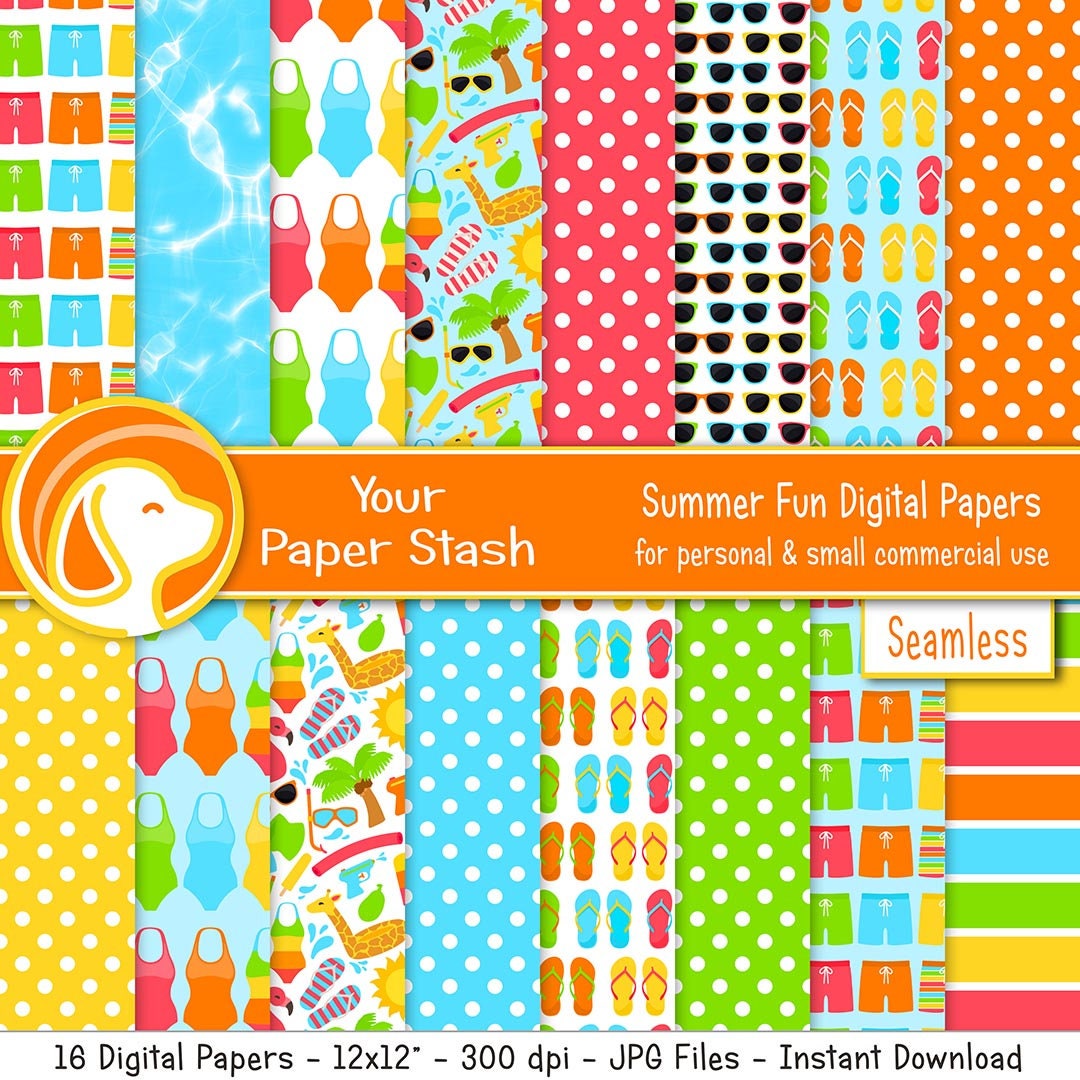 Summer Fun Digital Paper Pack, Summer Pool Party Scrapbook Paper ...