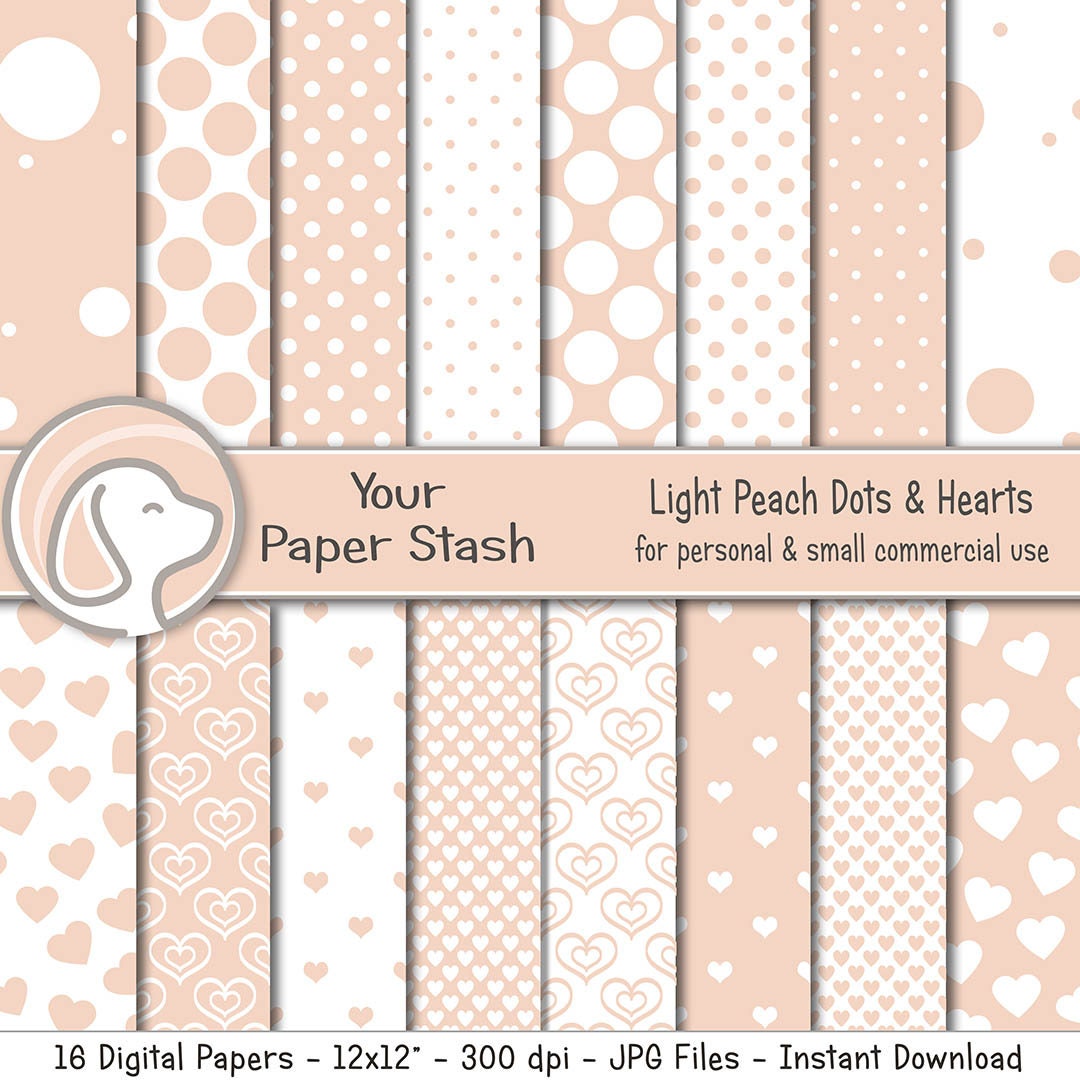 Peach Polka Dot & Heart Digital Scrapbook Paper Pack, Light Coral Heart ...