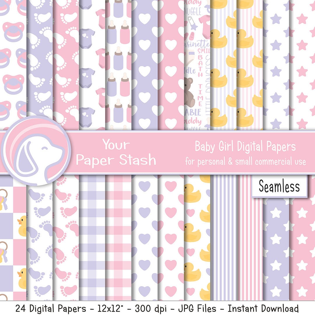 Seamless Baby Girl Digital Scrapbook Paper, Pink Lavender Baby Patterns ...