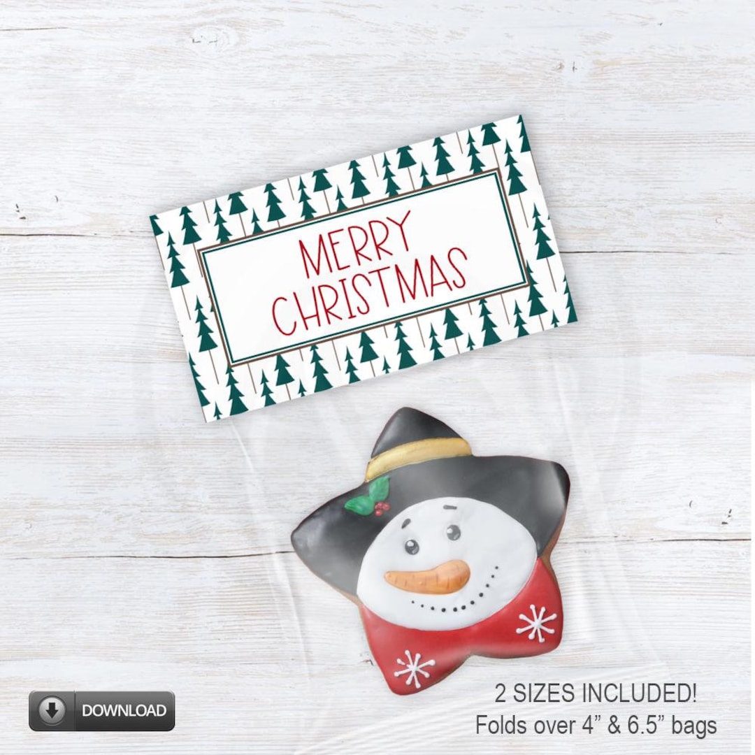 Merry Christmas Cookie and Treat Bag Toppers, Minimalist Christmas Tree ...