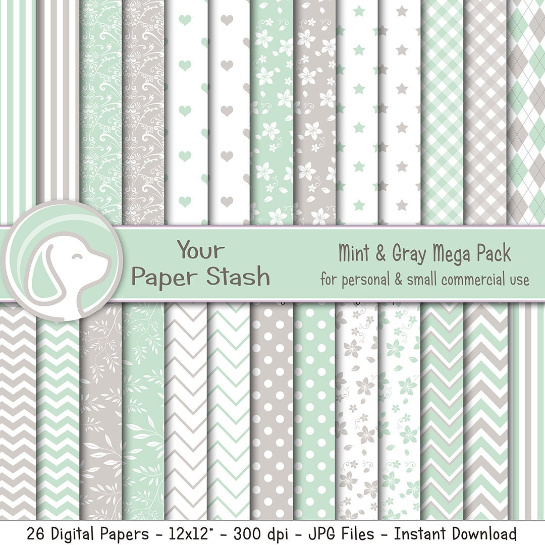 Mint Green & Gray Digital Papers With Stripes Polka Dots Chevrons ...
