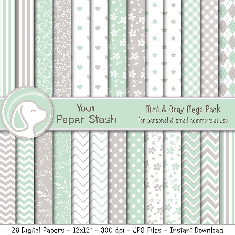 Mint Green & Gray Digital Papers With Stripes Polka Dots | Etsy