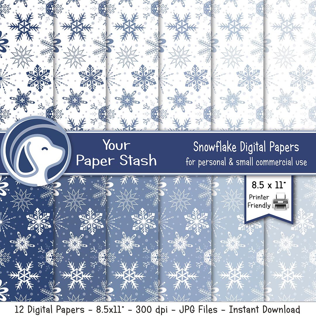 Printable Blue Christmas Snowflake Digital Scrapbook Papers and ...