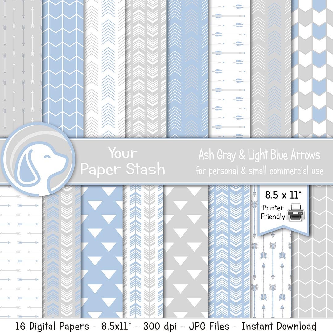 Ash Gray and Light Blue Arrow Digital Paper Pack | 8.5x11 Printable ...