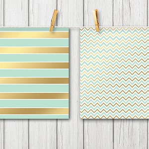 Mint Green & Gold Digital Paper With Chevrons Stripes Polka Dots and ...
