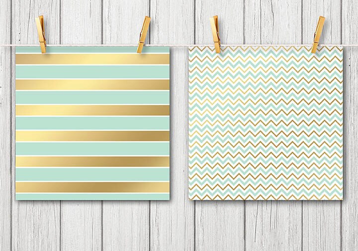 Mint Green & Gold Digital Paper With Chevrons Stripes Polka | Etsy