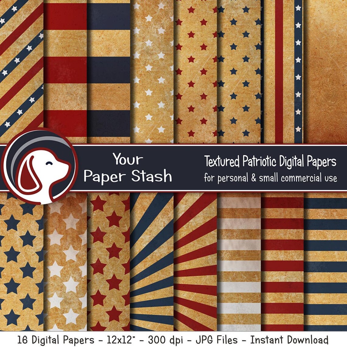 Patriotic Digital Paper Pack 12x12, Vintage Red White Blue Scrapbook ...