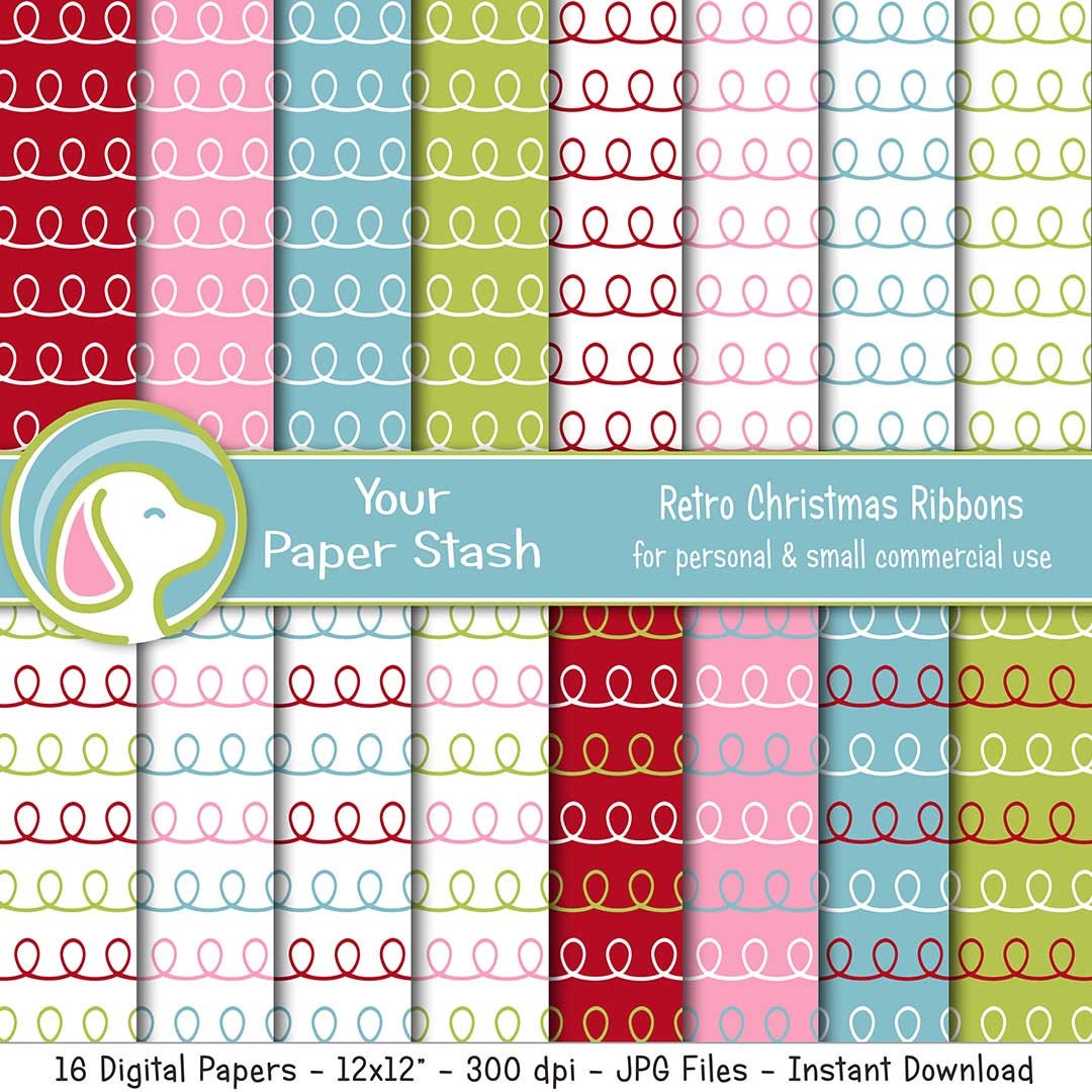 Retro Christmas Digital Papers, Holiday Ribbon Styled Scrapbook Paper ...