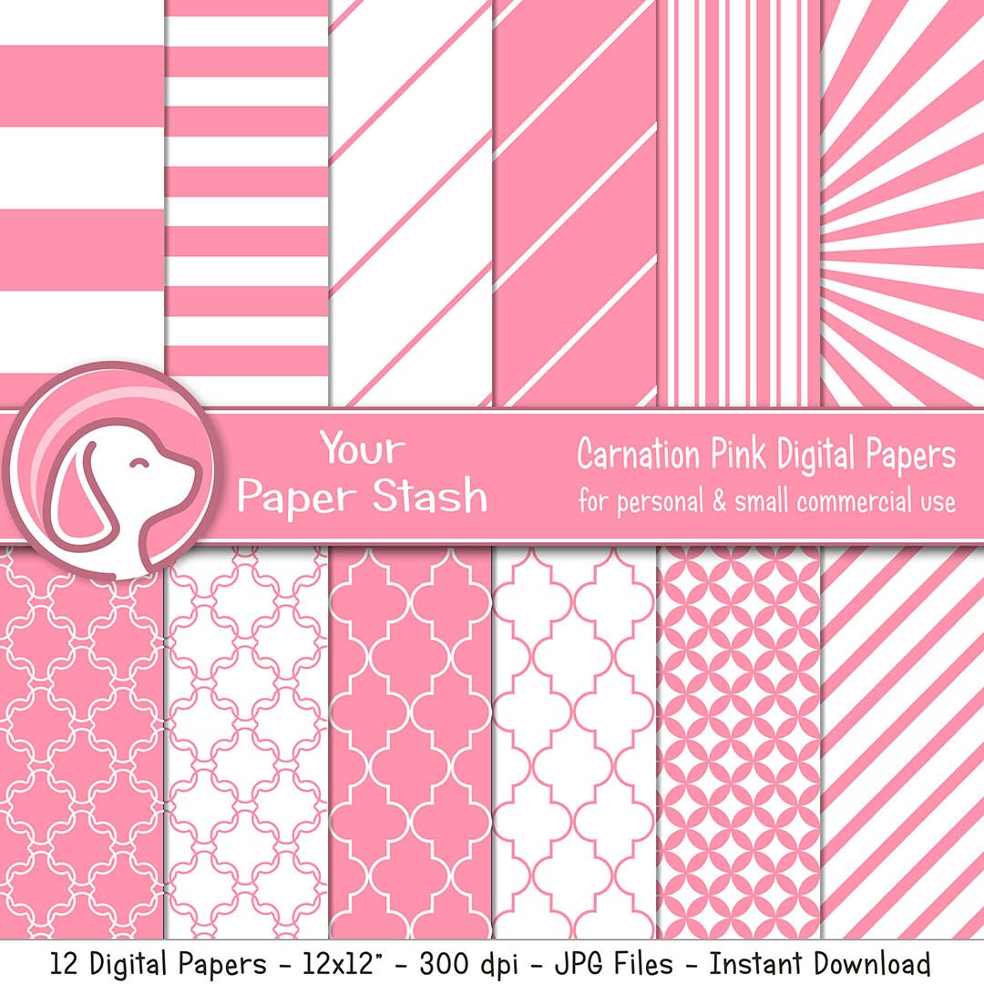 Pink Striped Digital Paper With Quatrefoil Patterns, Sunburst ...