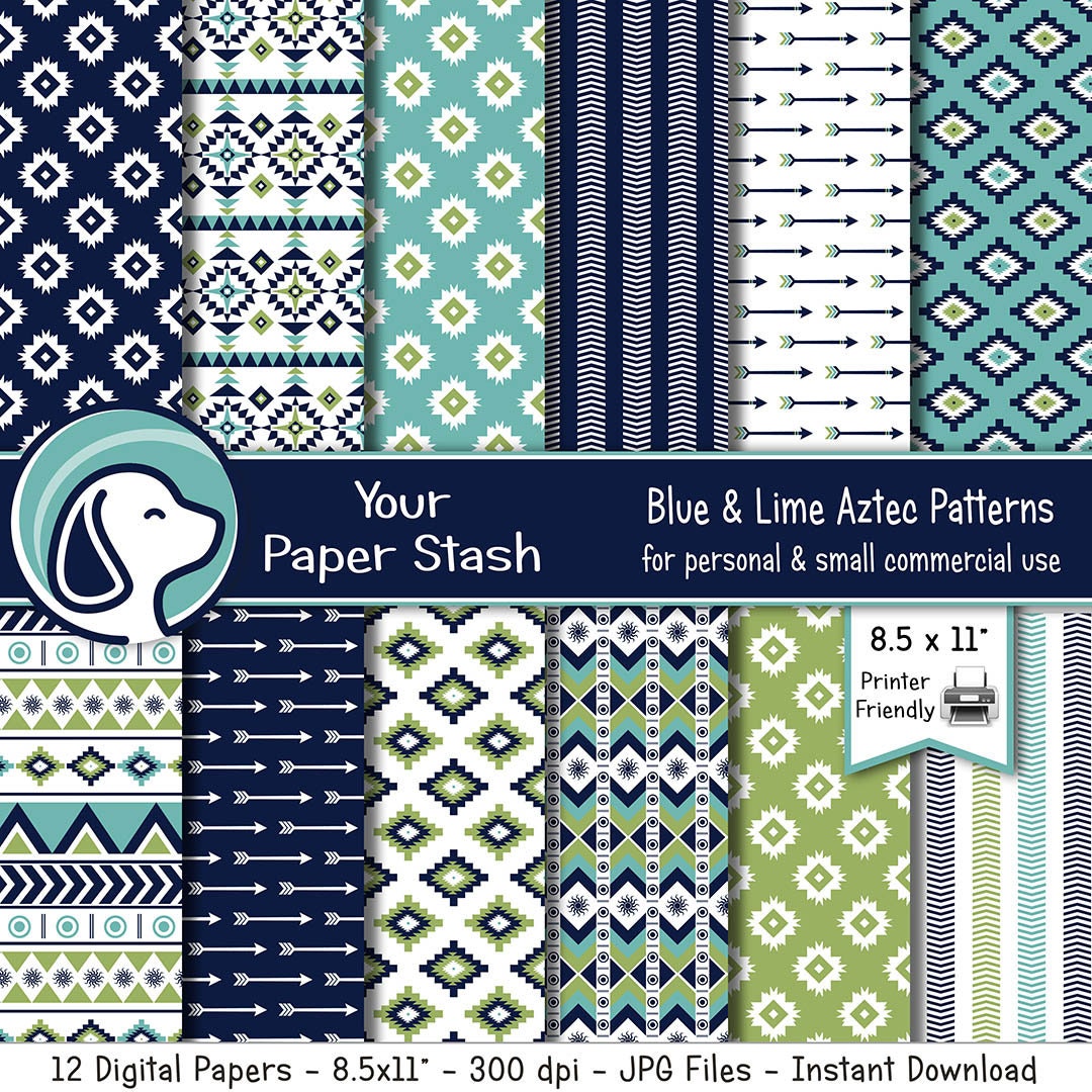 8.5x11" Blue and Lime Aztec Tribal Digital Scrapbook Papers and ...