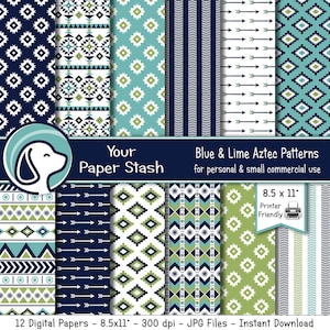 8.5x11" Blue and Lime Aztec Tribal Digital Scrapbook Papers and ...