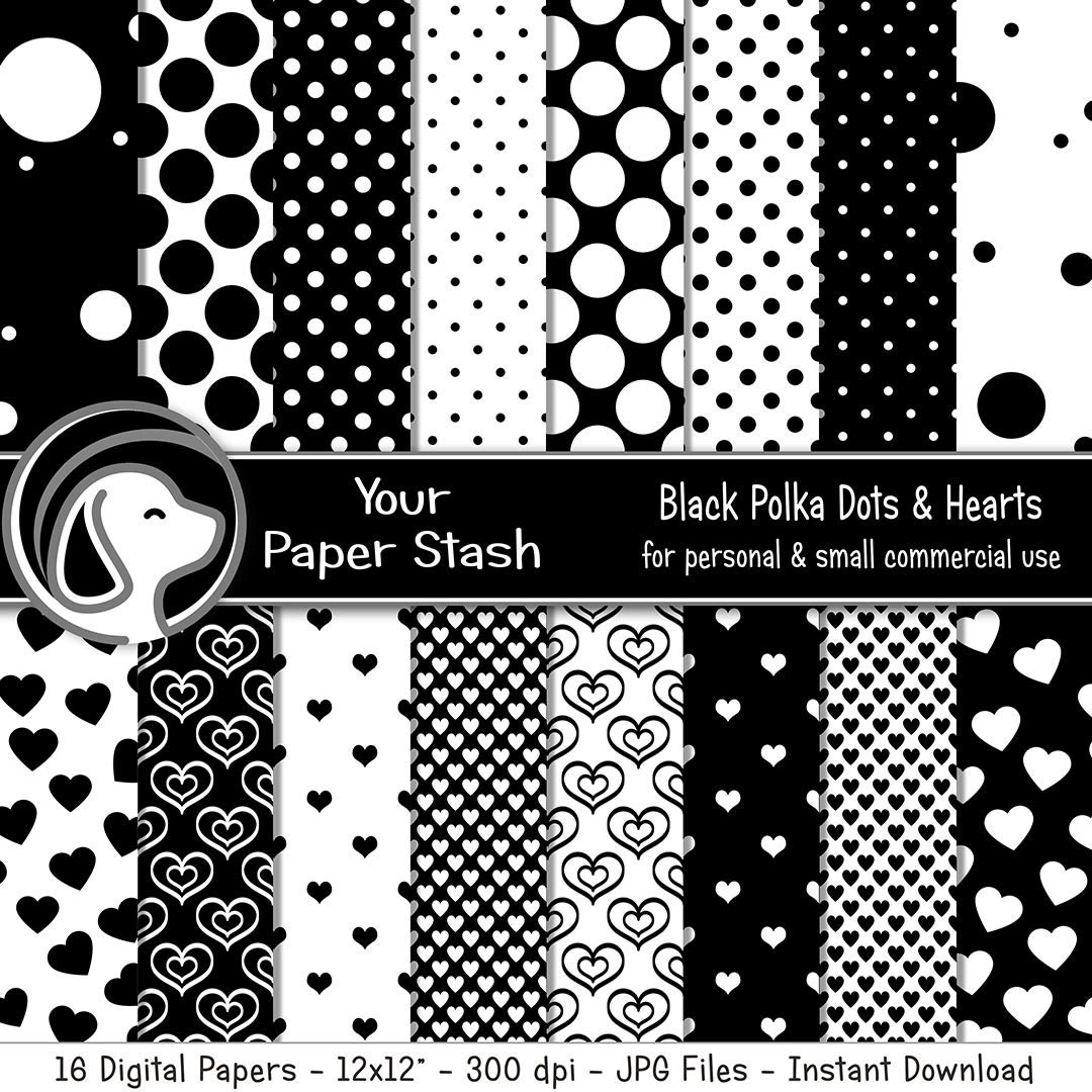 Black & White Polka Dot Digital Paper Pack, Heart Scrapbook Paper ...