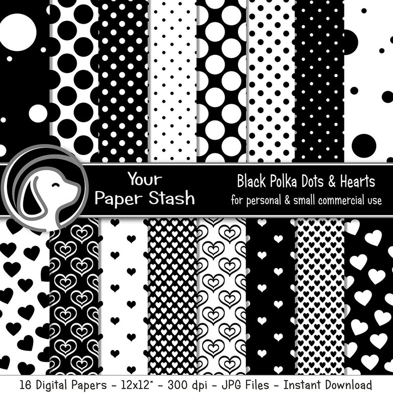 Black & White Polka Dot Digital Paper Pack Heart Scrapbook - Etsy