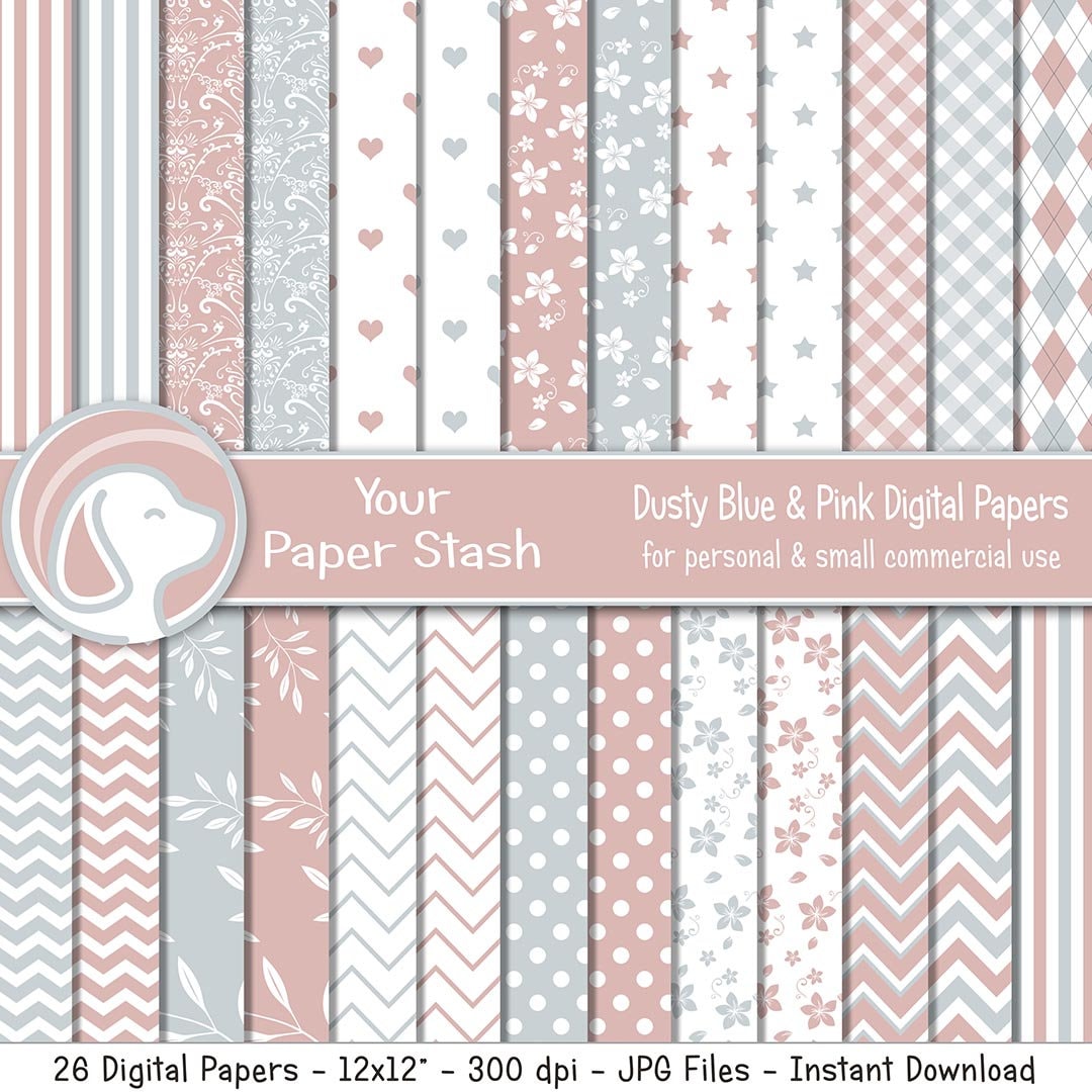 Dusty Blue & Rose Pink Digital Paper Pack With Floral Polka | Etsy