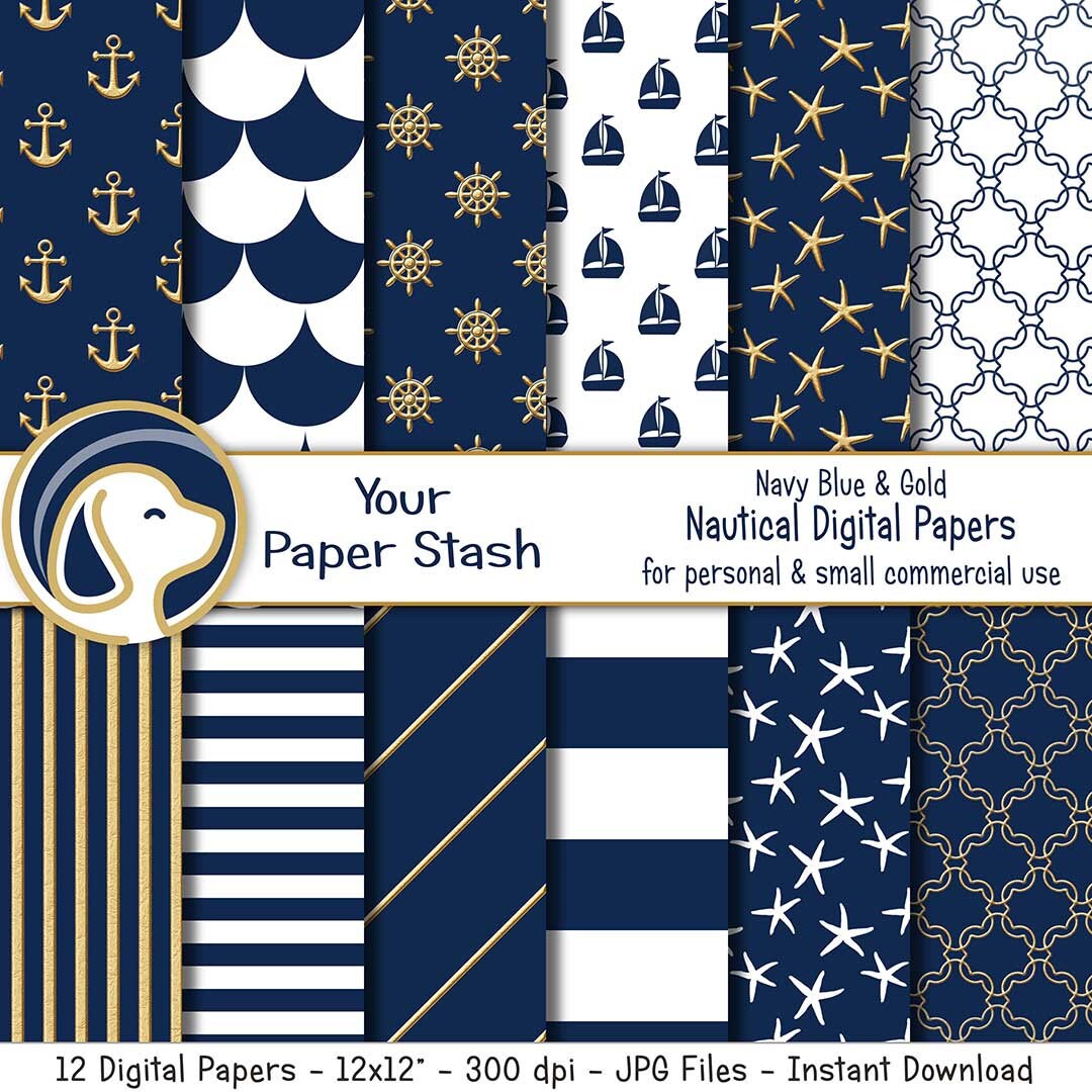 Navy Blue & Gold Nautical Digital Paper Pack for Birthday Baby Shower ...