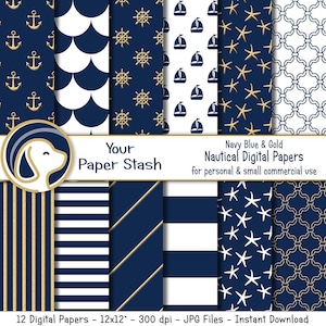 Navy Blue & Gold Nautical Digital Paper Pack for Birthday Baby Shower ...