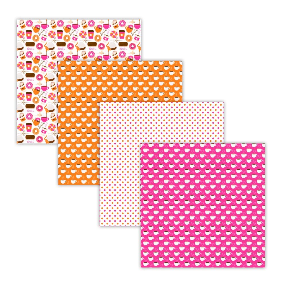 Coffee and Donut Digital Scrapbook Paper, Pink Orange Coffee Donut Shop ...