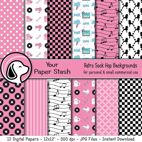 Retro 50s Sock Hop Digital Scrapbook Paper W/ Checkerboard - Etsy