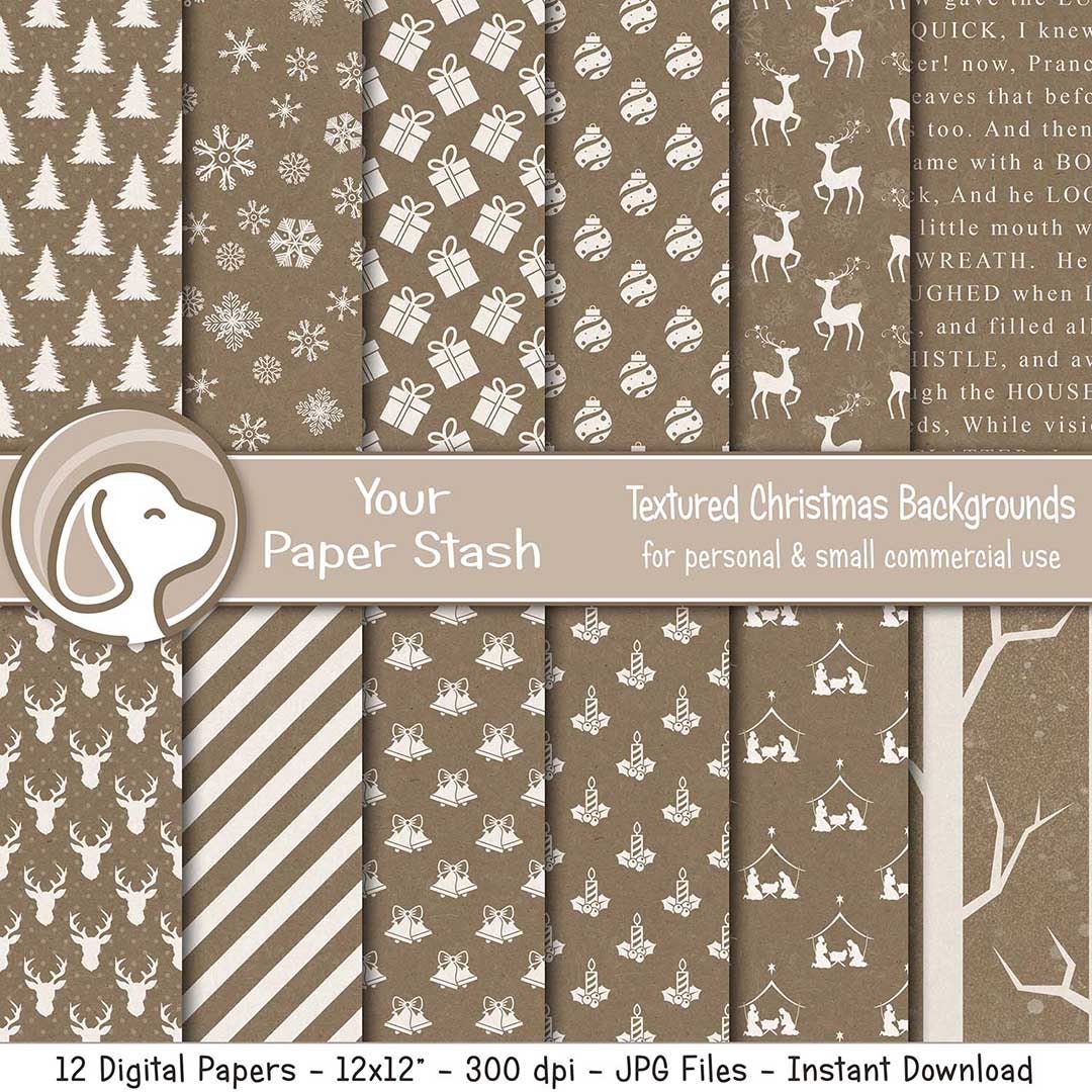 Rustic Christmas Digital Paper Pack With Textured Background Patterns ...