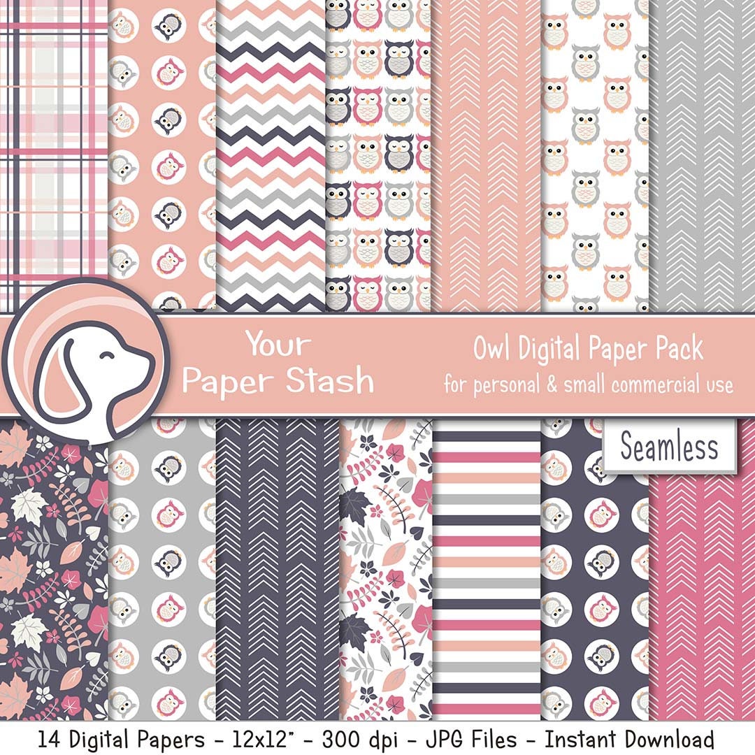 Owl Digital Paper Pack 12x12, Pink Gray Scrapbook Paper, Baby Shower ...
