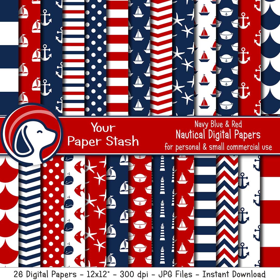 Nautical Scrapbook Papers With Sail Boats Sailor Hats & Anchor Patterns ...