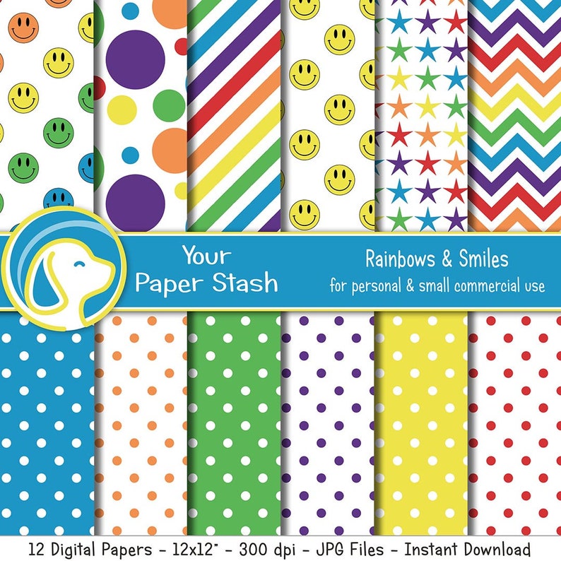 Rainbow Smiley Face Retro Digital Papers 60s 70s Retro | Etsy