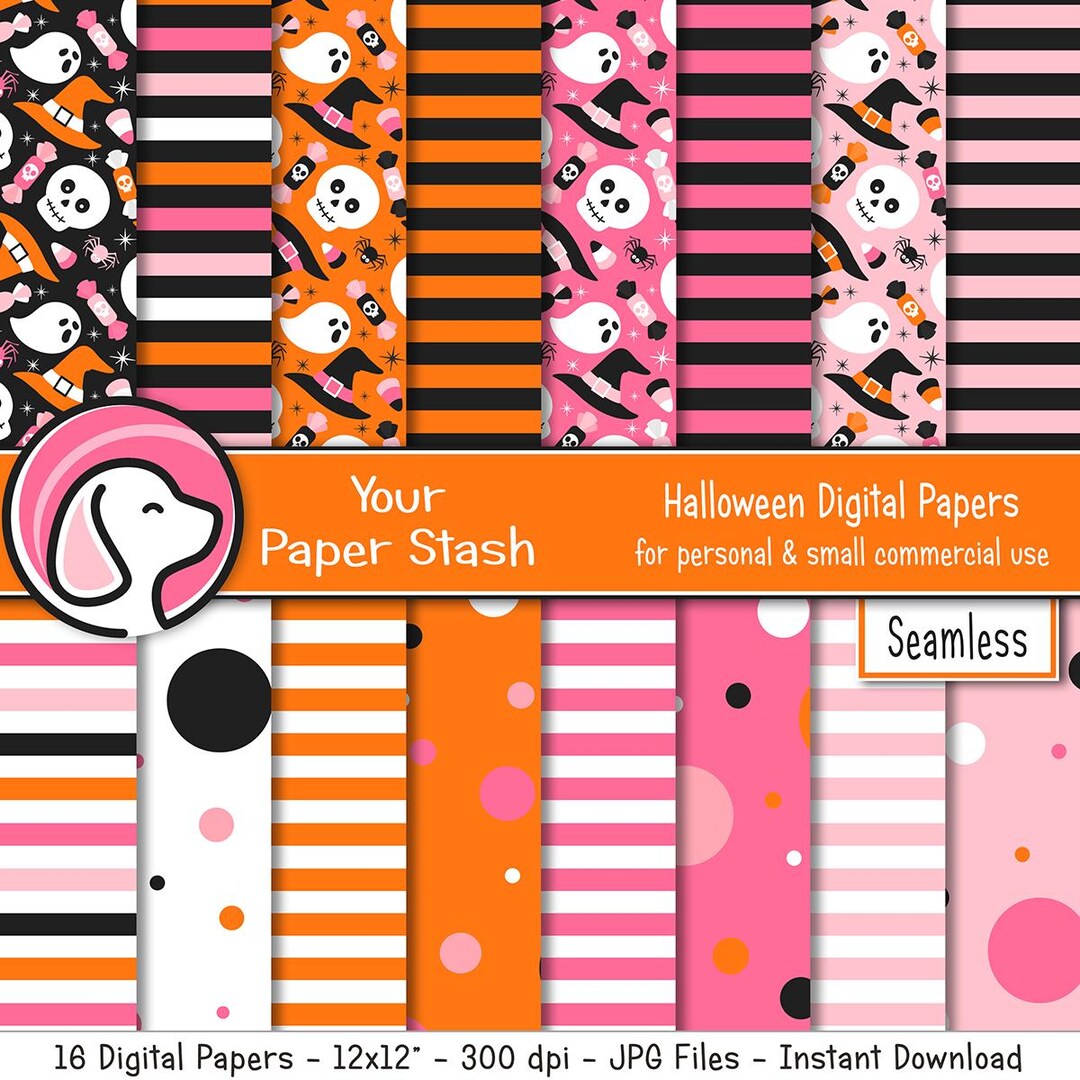 Pink Halloween Digital Paper Pack, Seamless Cute Ghosts & Stripes, Kids ...