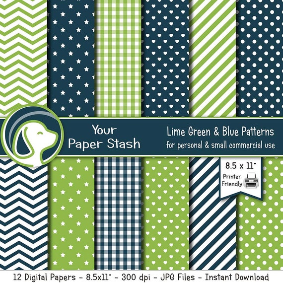 Lime Green & Navy Blue Digital Paper Back With Stripes Polka - Etsy