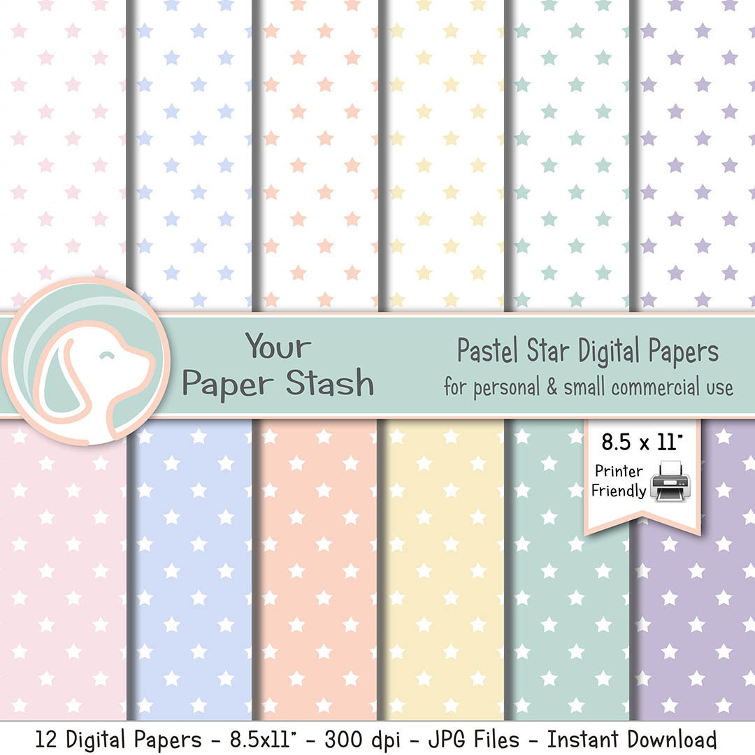 8.5x11" Pastel Star Digital Scrapbook Papers, Baby Shower and 1st ...