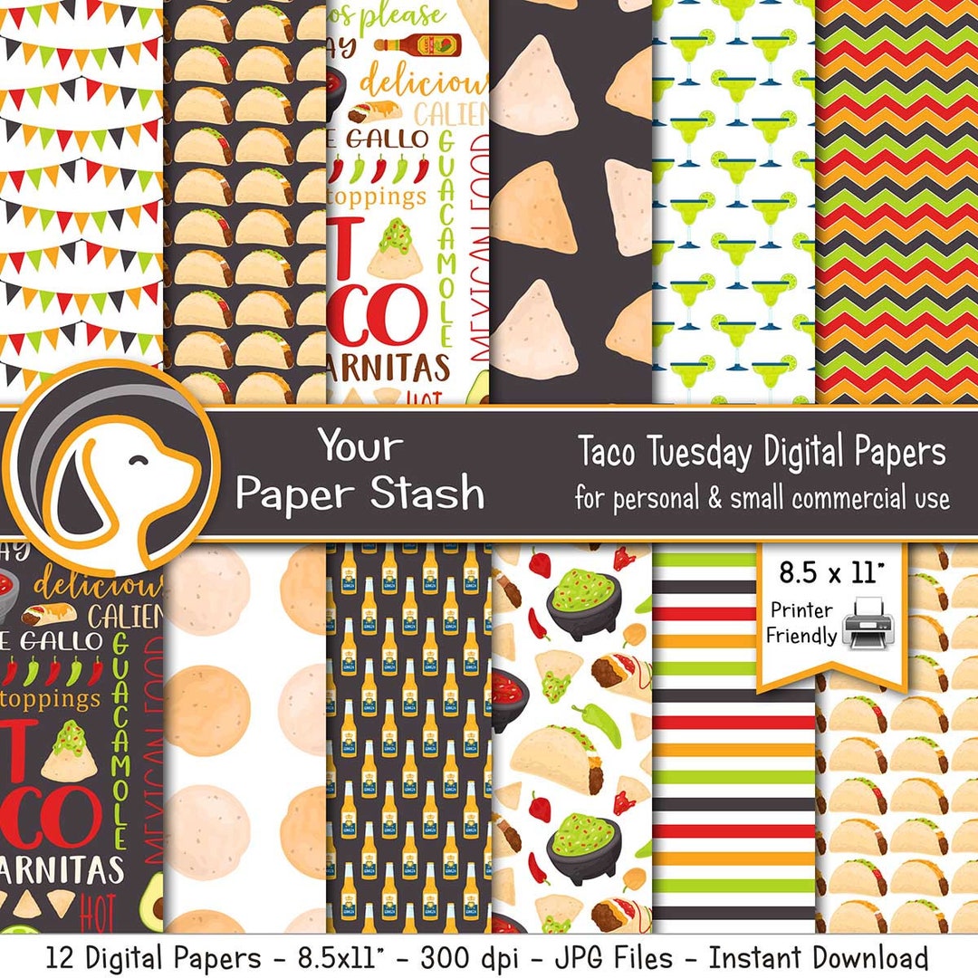 Taco Tuesday Digital Paper Backgrounds With Tacos Chips Salsa Chevron ...