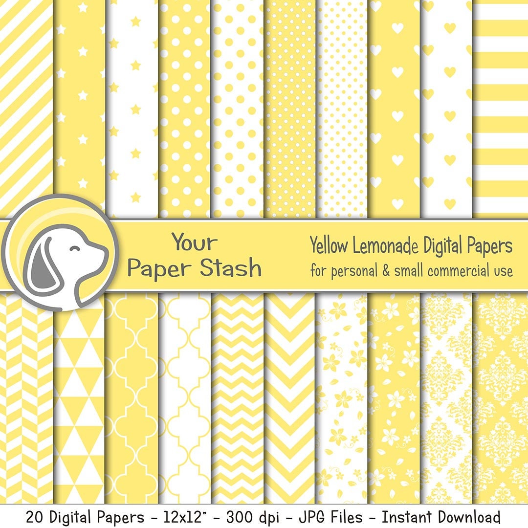 Yellow Lemonade Digital Papers With Stars Hearts Stripes Floral ...