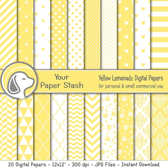 Yellow Lemonade Digital Papers With Stars Hearts Stripes | Etsy