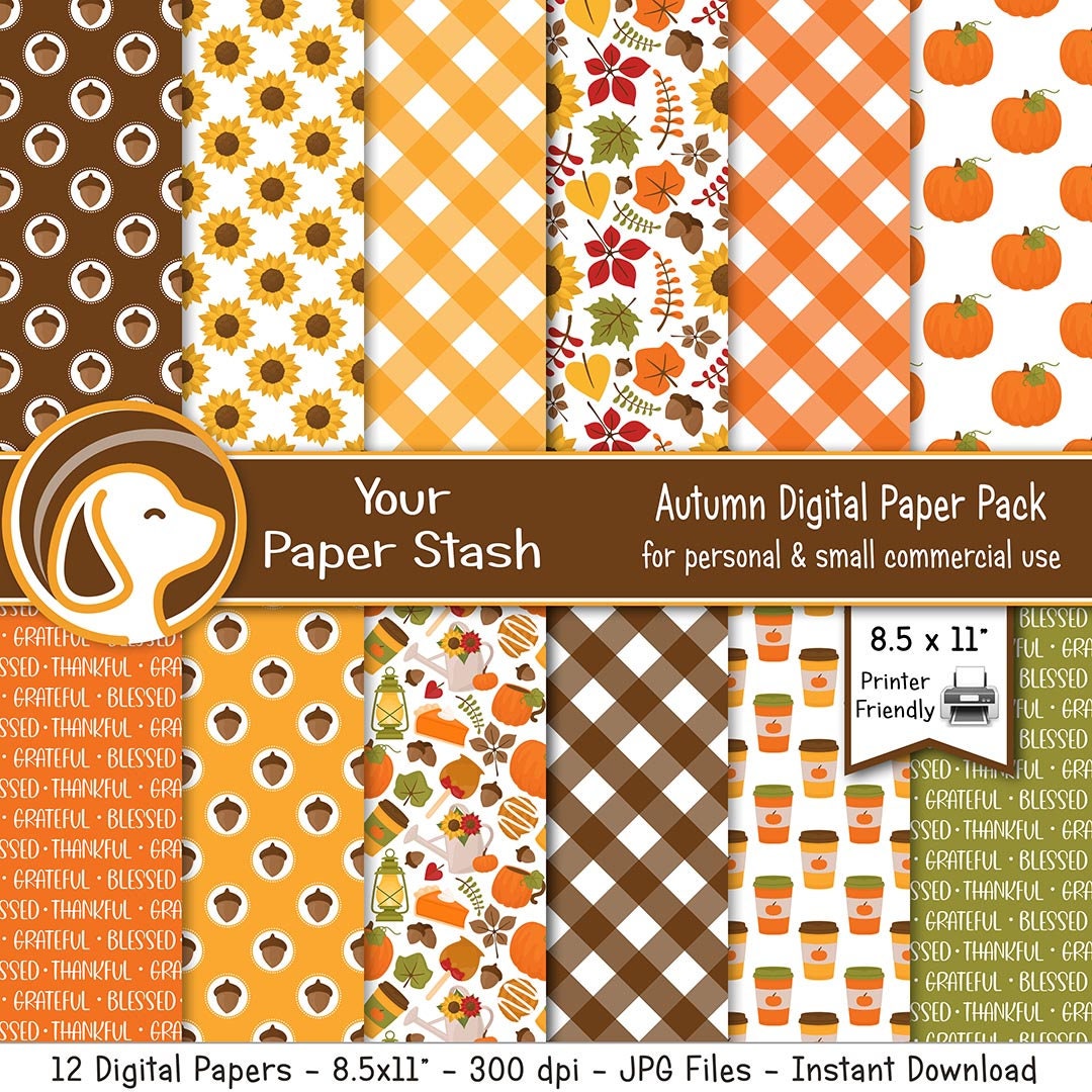 Printable Pumpkin Spice Digital Papers, Sunflower Pumpkin Acorn Gingham ...