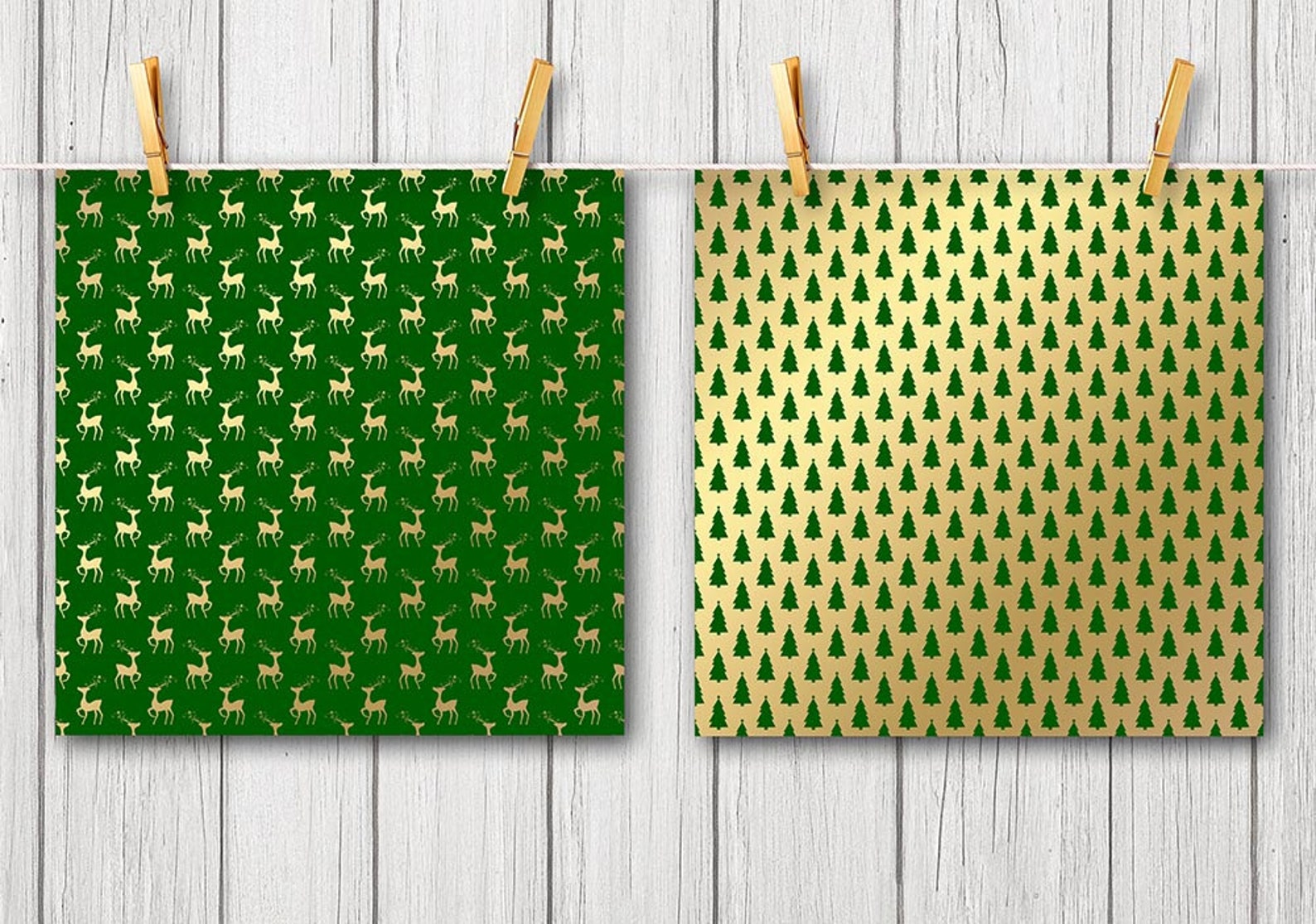 Green & Gold Christmas Digital Paper Patterns W/ Snowflakes | Etsy
