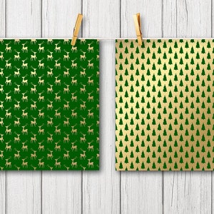 Green & Gold Christmas Digital Paper Patterns W/ Snowflakes Reindeer ...