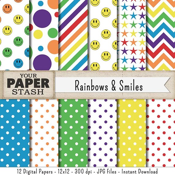Items similar to Rainbow Smiley Face Retro Digital Papers, 60s 70s ...