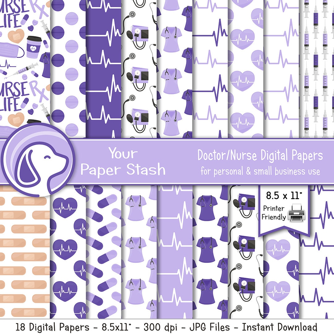 Printable Purple Nurse Digital Papers, Nurse Life Heartbeat EKG Medical ...