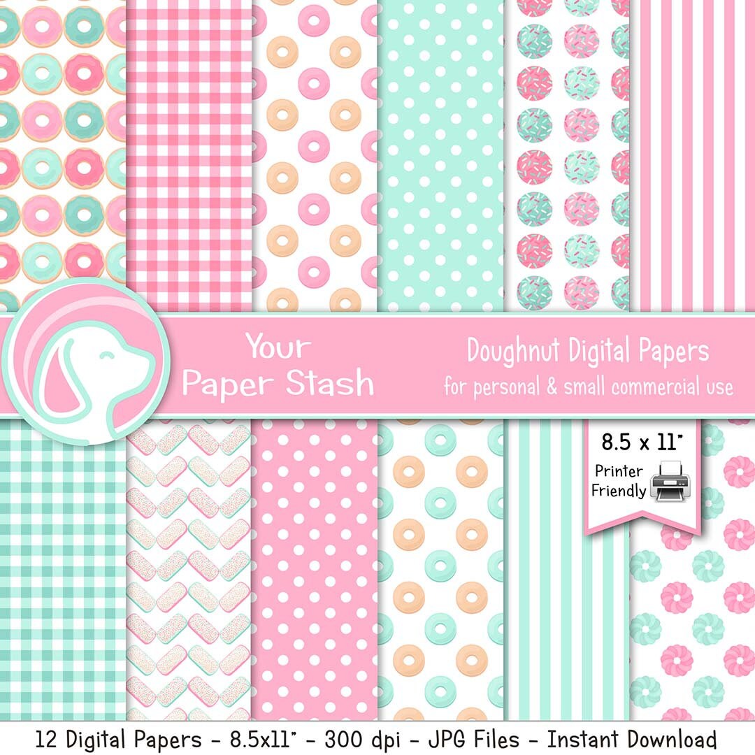 Pink Mint Donut Digital Scrapbook Papers and Backgrounds, Doughnt ...