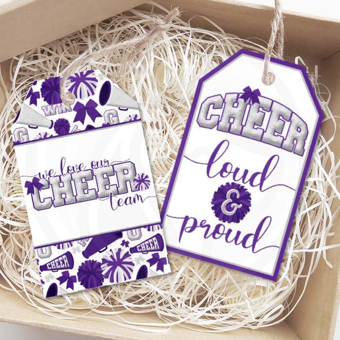 Purple Silver Cheerleader Printable Gift Tags, Cheer Team Squad Mom ...