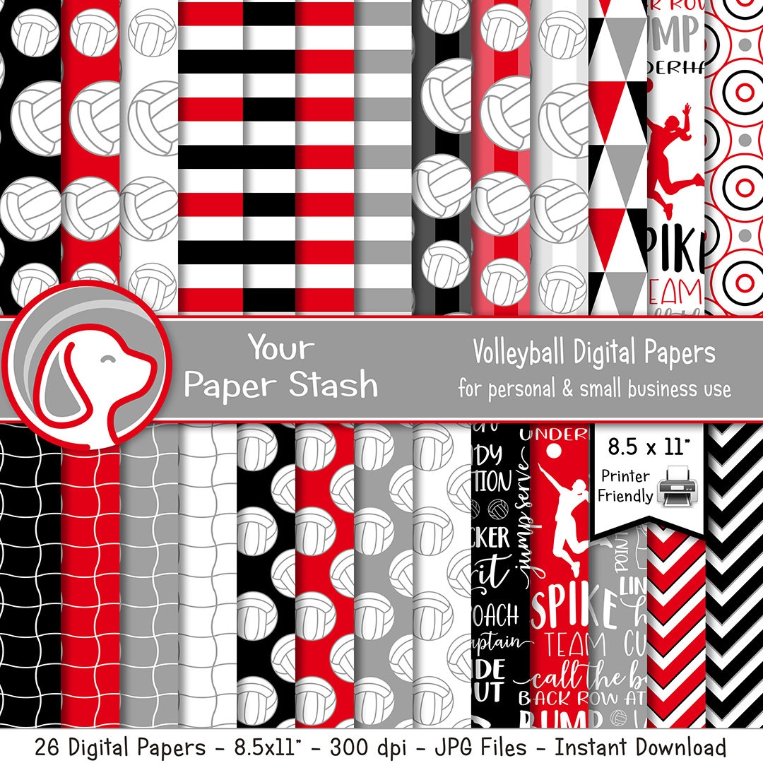 Printable Volleyball Digital Paper Patterns, Red Black Volleyball Net ...