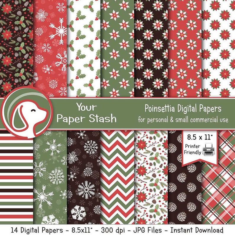 Christmas Poinsettia Digital Paper Pack W/ Holly Pine Cones & - Etsy