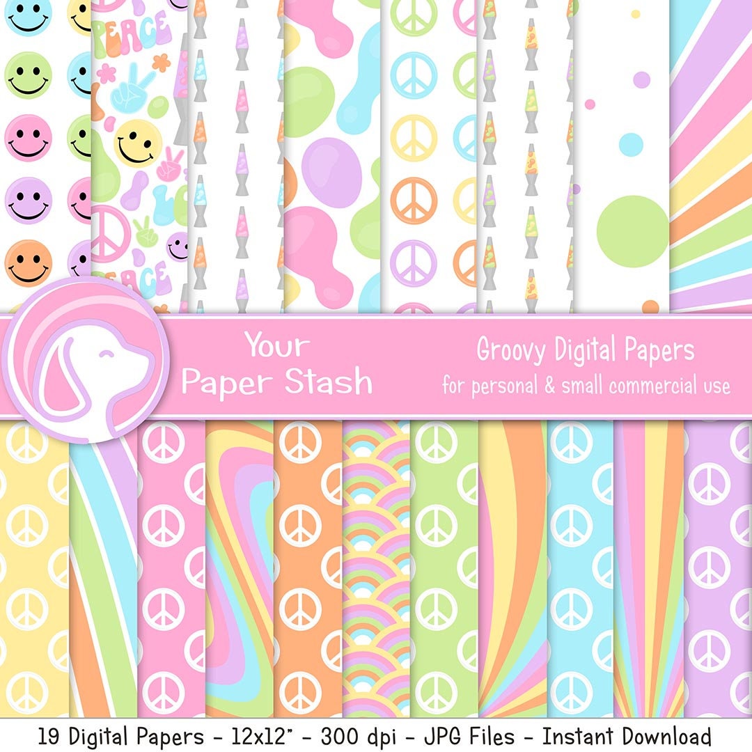 Pastel Groovy Digital Scrapbooking Papers W/ Peace Sign Smiley Face ...