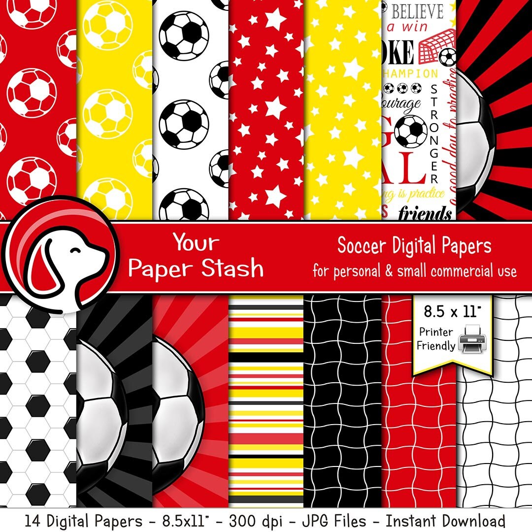 Printable Red Yellow Soccer Digital Paper Pack Soccer/football ...
