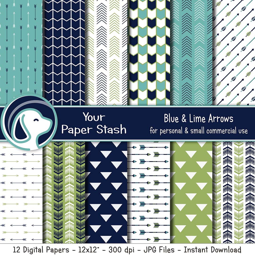 Blue & Lime Green Arrow Digital Paper Pack, Tribal Digital Scrapbook ...