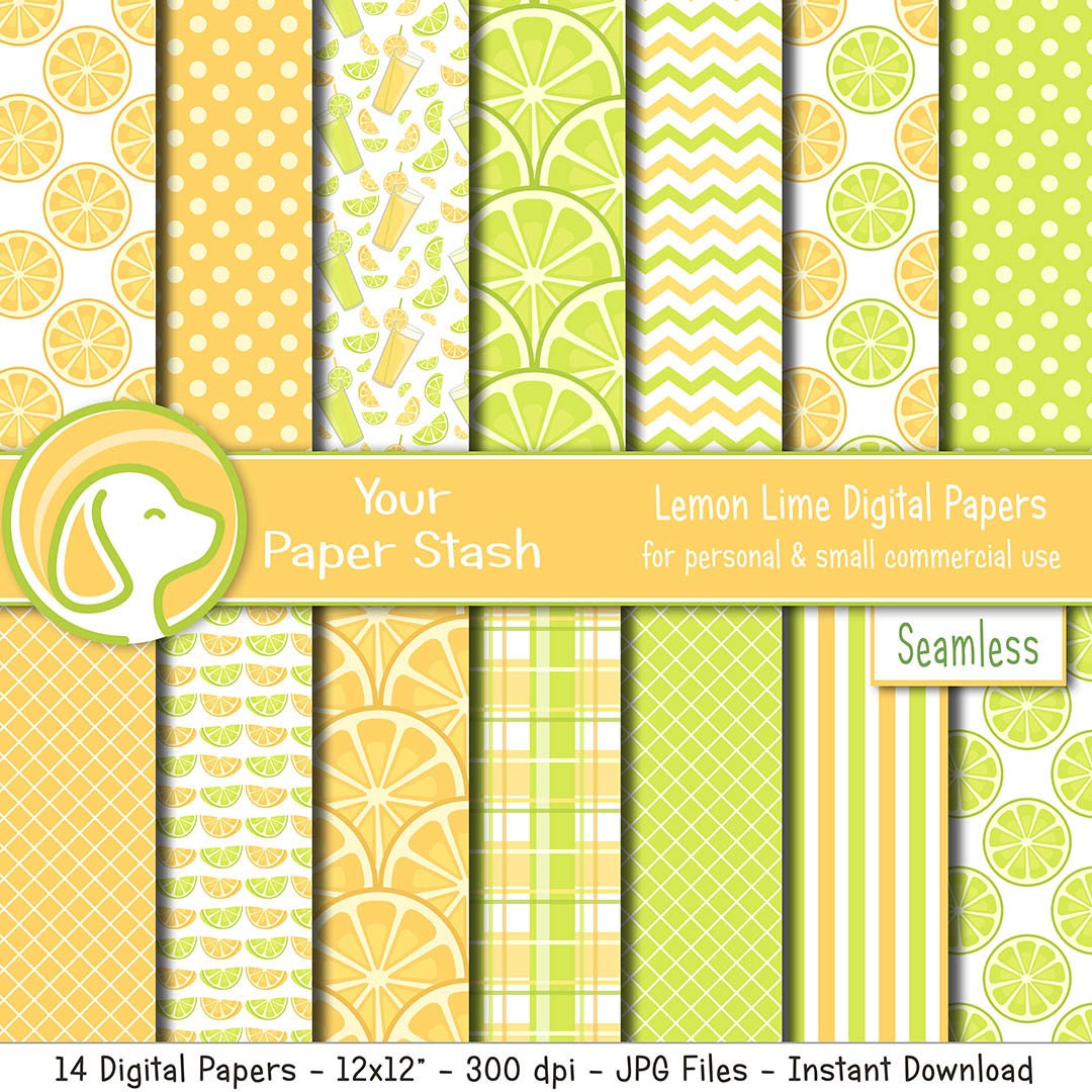 Lemon Lime Digital Scrapbook Paper Pack, Lemonade Digital Paper, Fruit ...