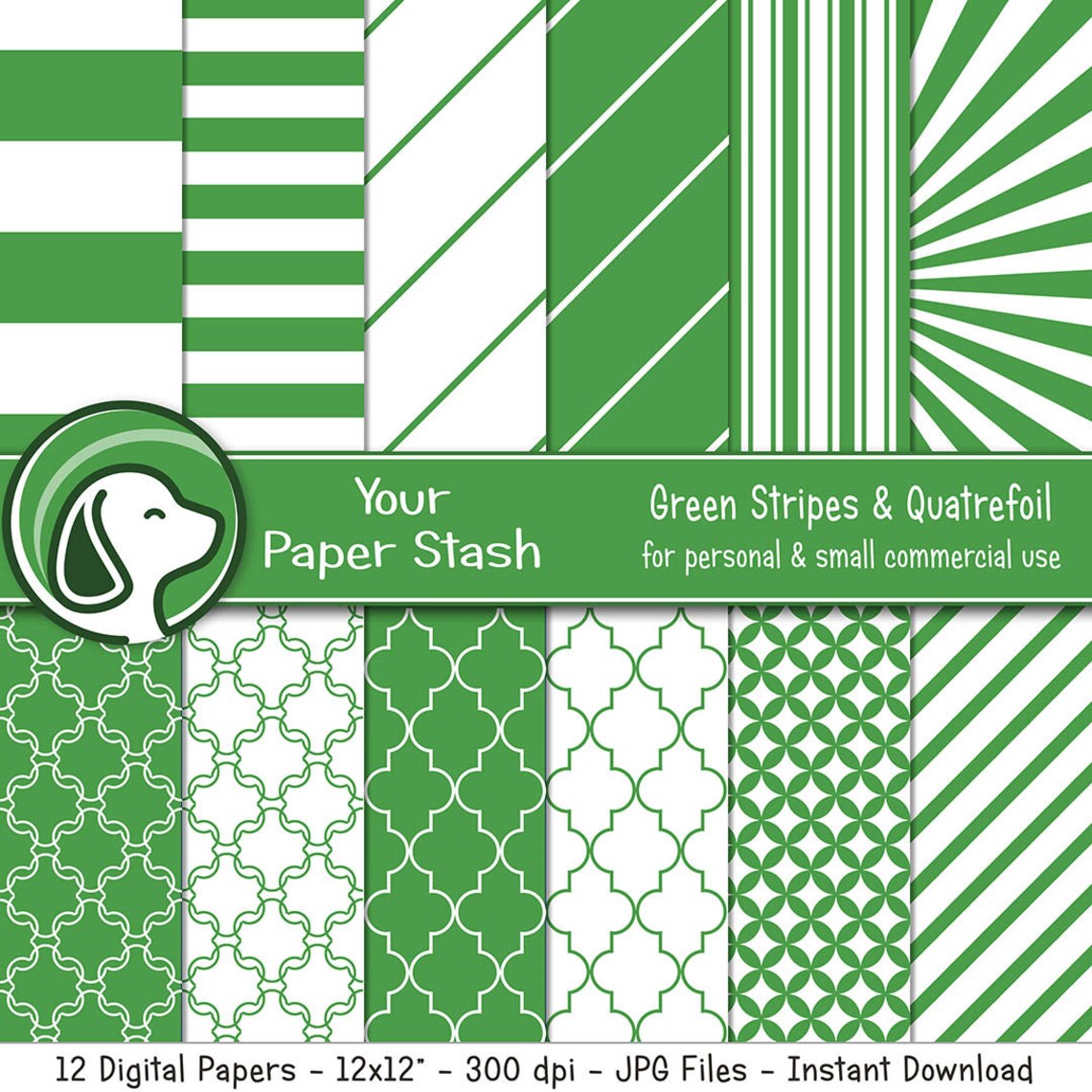Green Stripe & Quatrefoil Digital Papers for St. Patrick's Day and ...