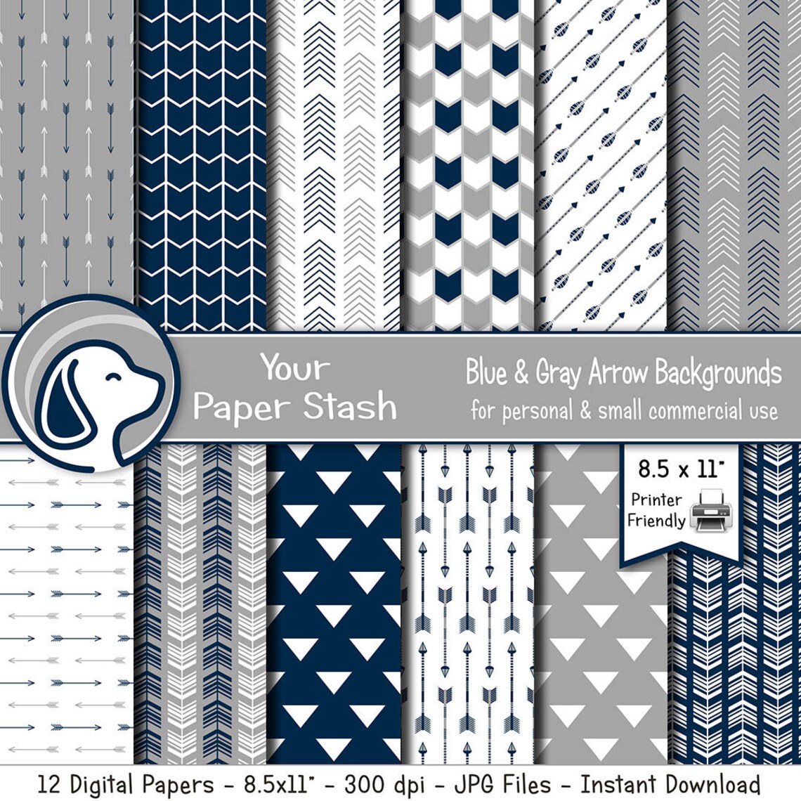 8.5x11" Navy Blue and Gray Arrow Digital Paper Pack, Masculine Digital ...