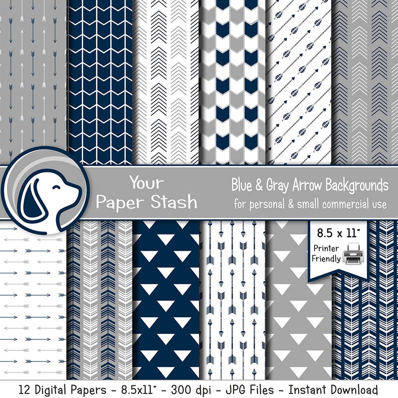 8.5x11" Navy Blue and Gray Arrow Digital Paper Pack, Masculine Digital ...