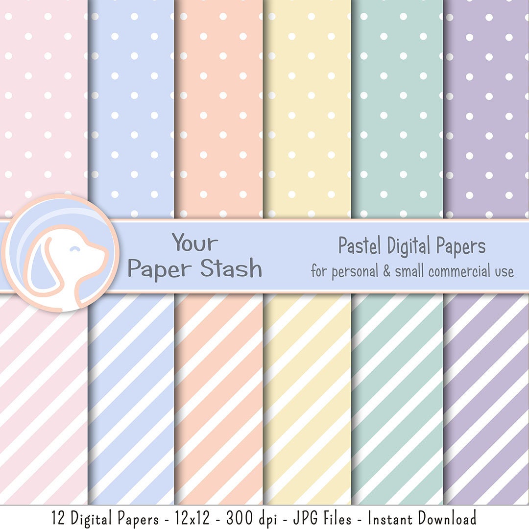 Pastel Polka Dot & Diagonal Lines Digital Paper, Easter Scrapbook Paper ...